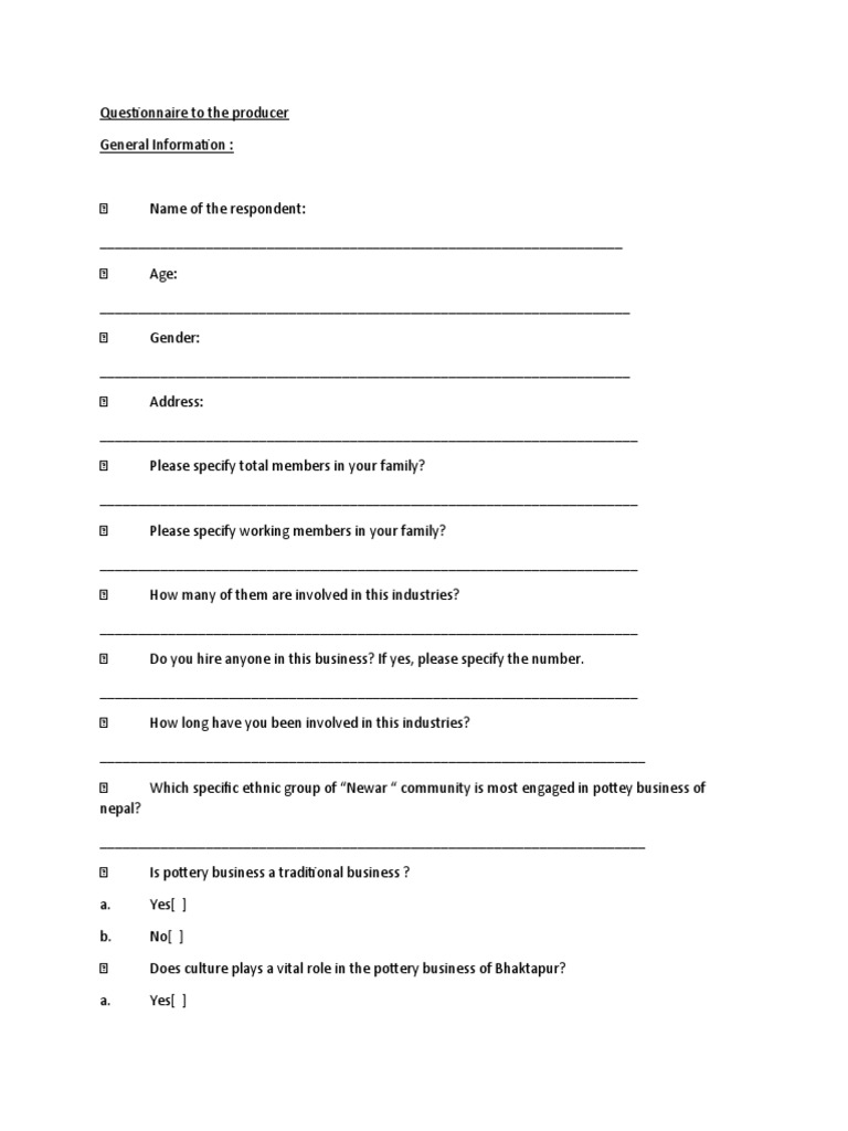 Questionnaire To The Producer (Sample) | PDF | Business | Economies