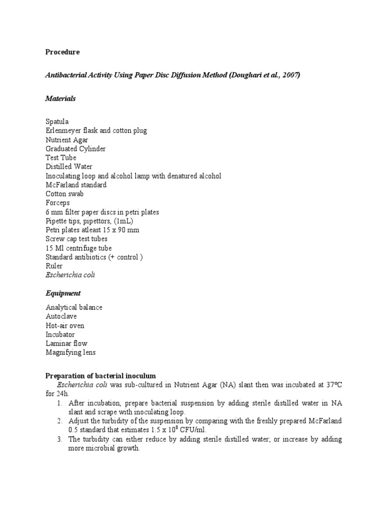 Antibacterial Activity Using Paper Disc Diffusion Method (Doughari Et ...