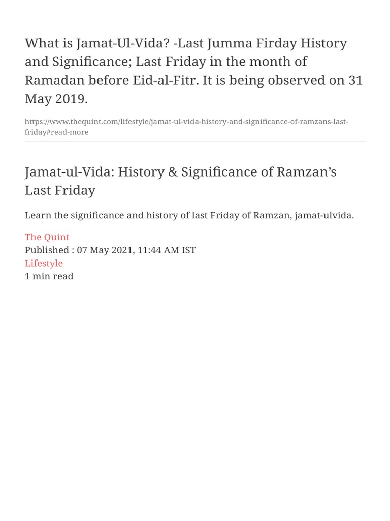 What Is Jamat-Ul-Vida - Last Jumma Firday History + | PDF | Ramadan | Quran