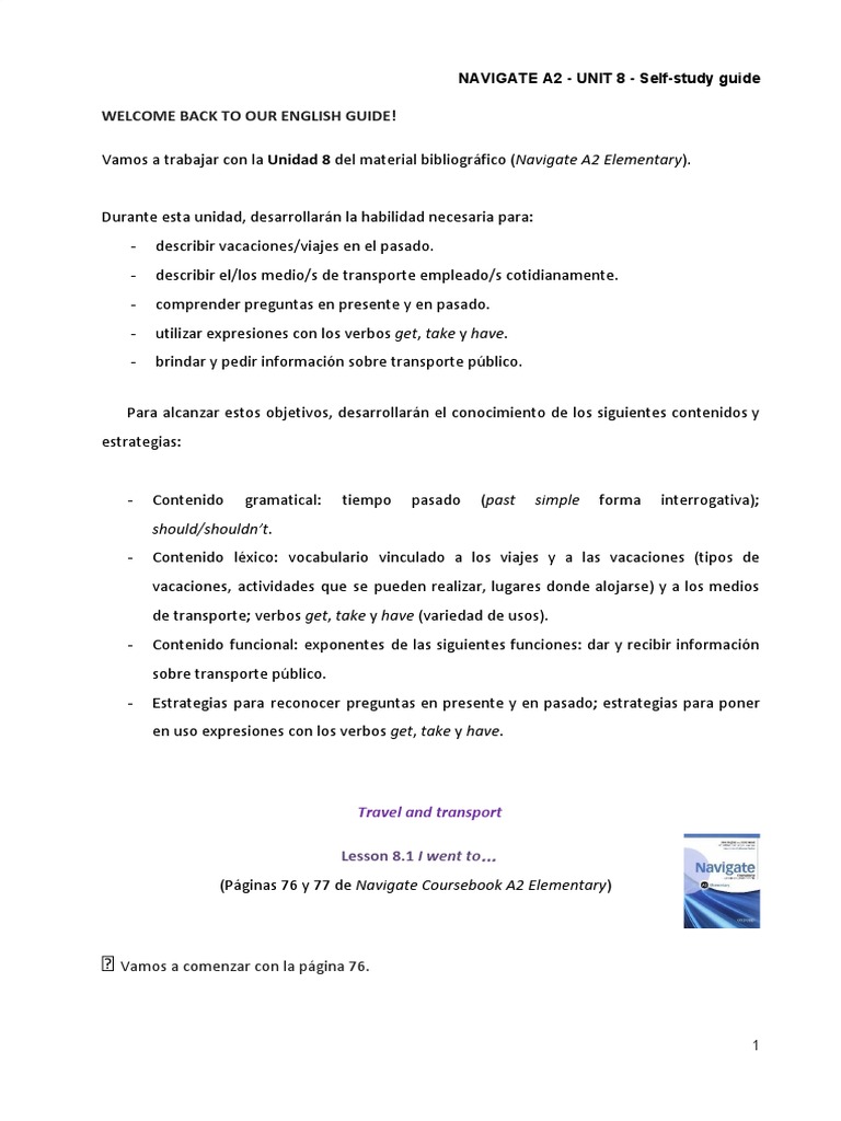 NAVIGATE A2 - UNIT 8 Self-Study Guide | PDF | Transporte | Naturaleza