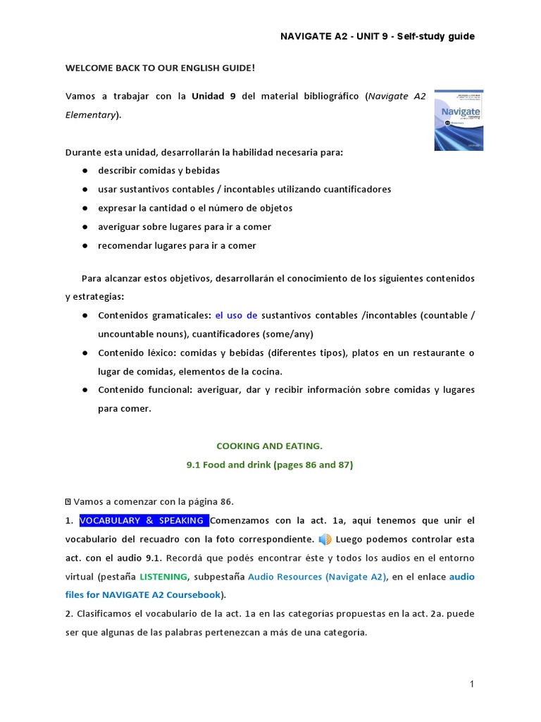 Navigate A2 - Unit 9 Self-Study Guide | PDF | Alimentos