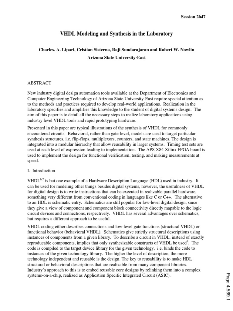 VHDL Modeling and Synthesis in The Laboratory: Session 2647 | PDF | Field Programmable Gate ...
