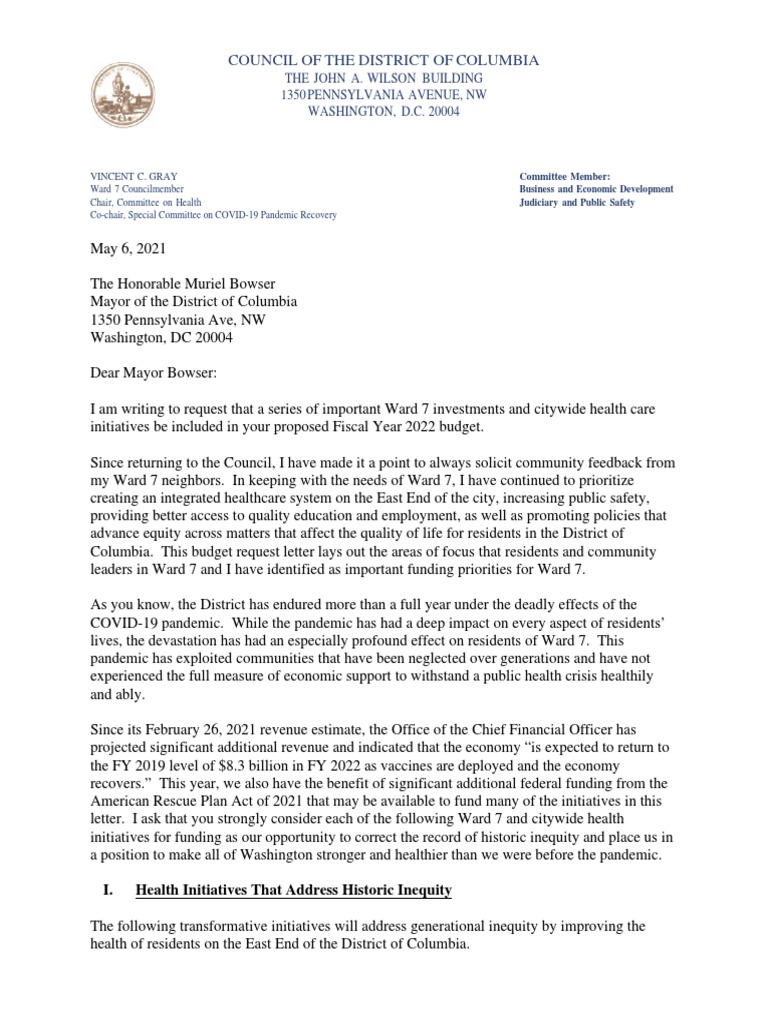 FY22 Budget Letter To Mayor Bowser | PDF | Maternal Health | Whitman ...