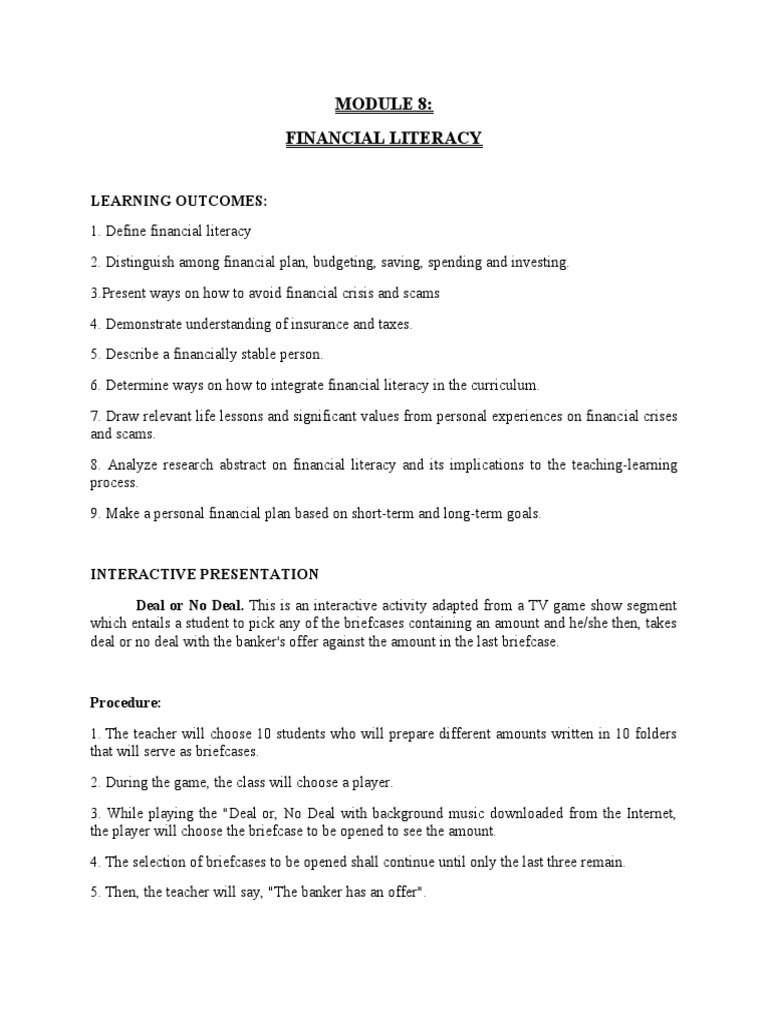 Financial Literacy Module 8 Overview | PDF
