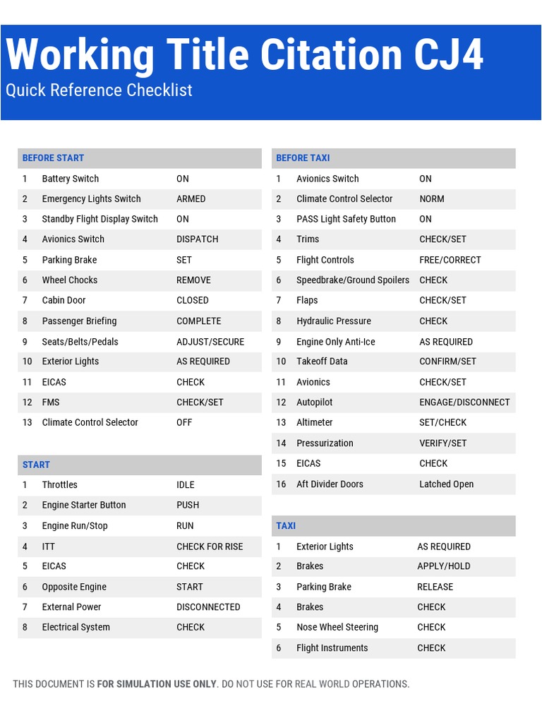 Working Title Citation CJ4: Quick Reference Checklist | PDF | Landing ...