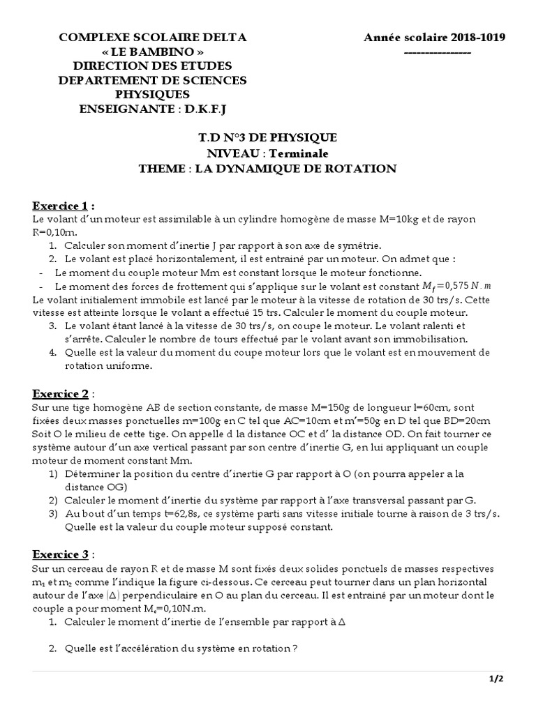 TD Dynamique de Rotation | PDF | Rotation | Masse