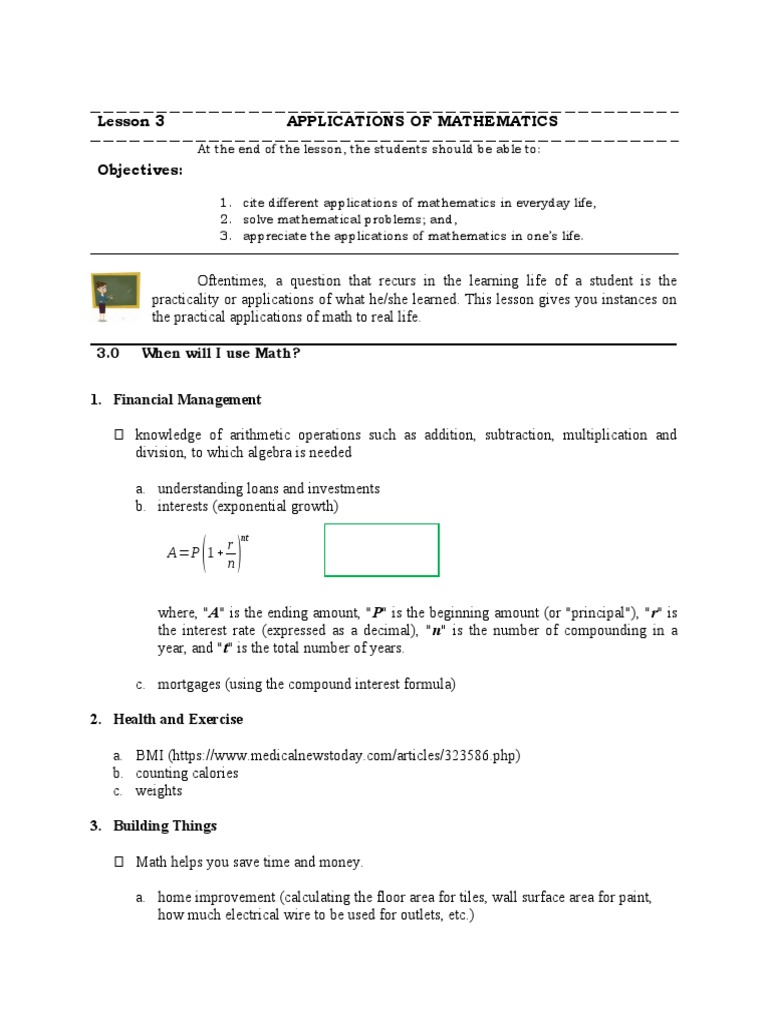 Lesson 3 Applications of Mathematics Objectives:: at The End of The ...