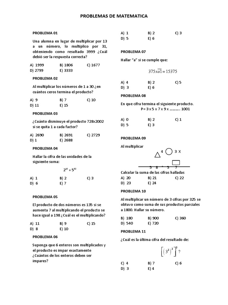 Problemas de Matematica | PDF | Multiplicación | Notación