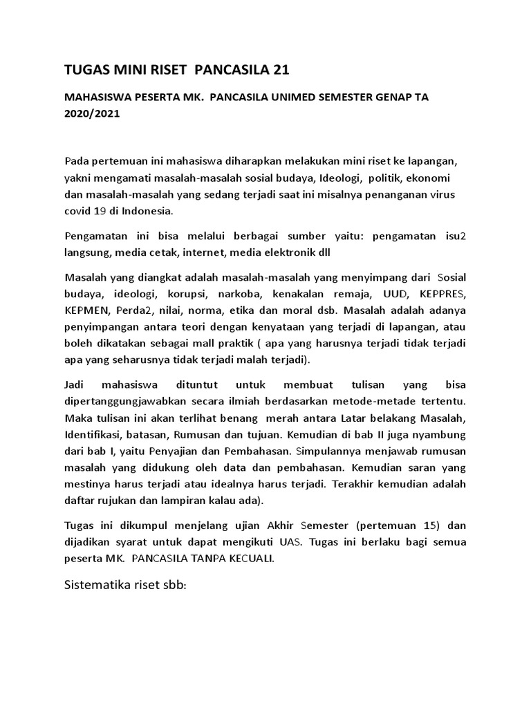 Tugas Mini Riset Mk. Pancasila Unimed Terbaru 2021 | PDF