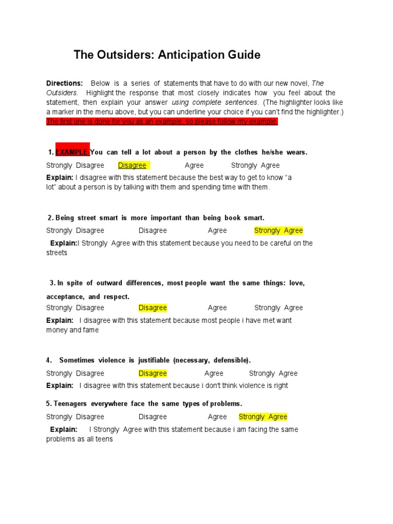 The Outsiders Anticipation Guide | PDF | Adolescence