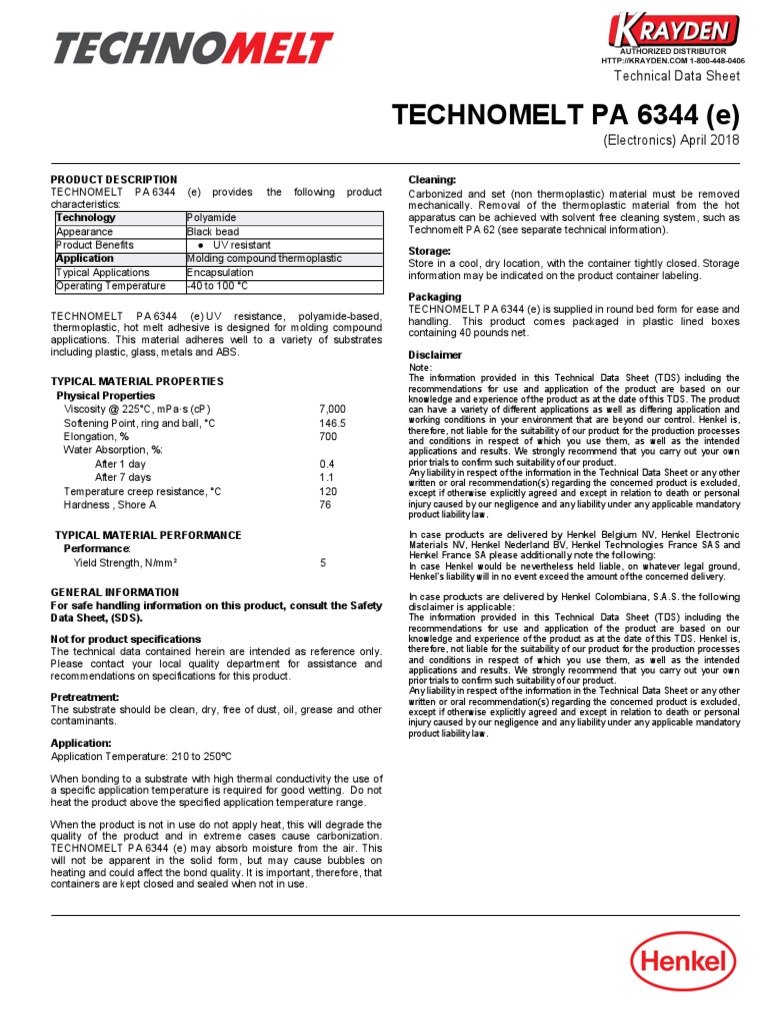Technomelt Pa 6344 Technical Data Sheet | PDF | Thermoplastic | Trademark