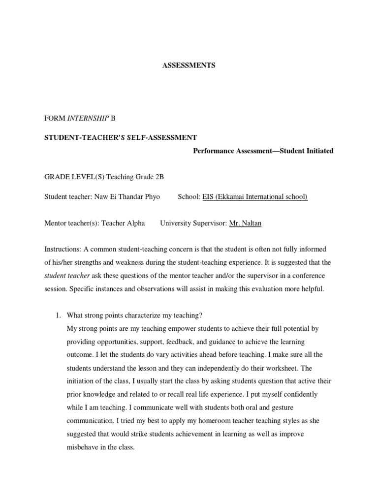 Student Teachers Self Assessment | PDF | Mentorship | Teachers