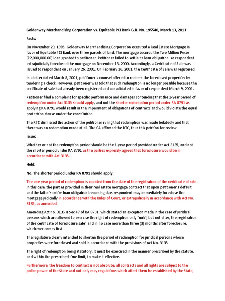 Goldenway v. Equitable PCI Bank | PDF | Foreclosure | Mortgage Law