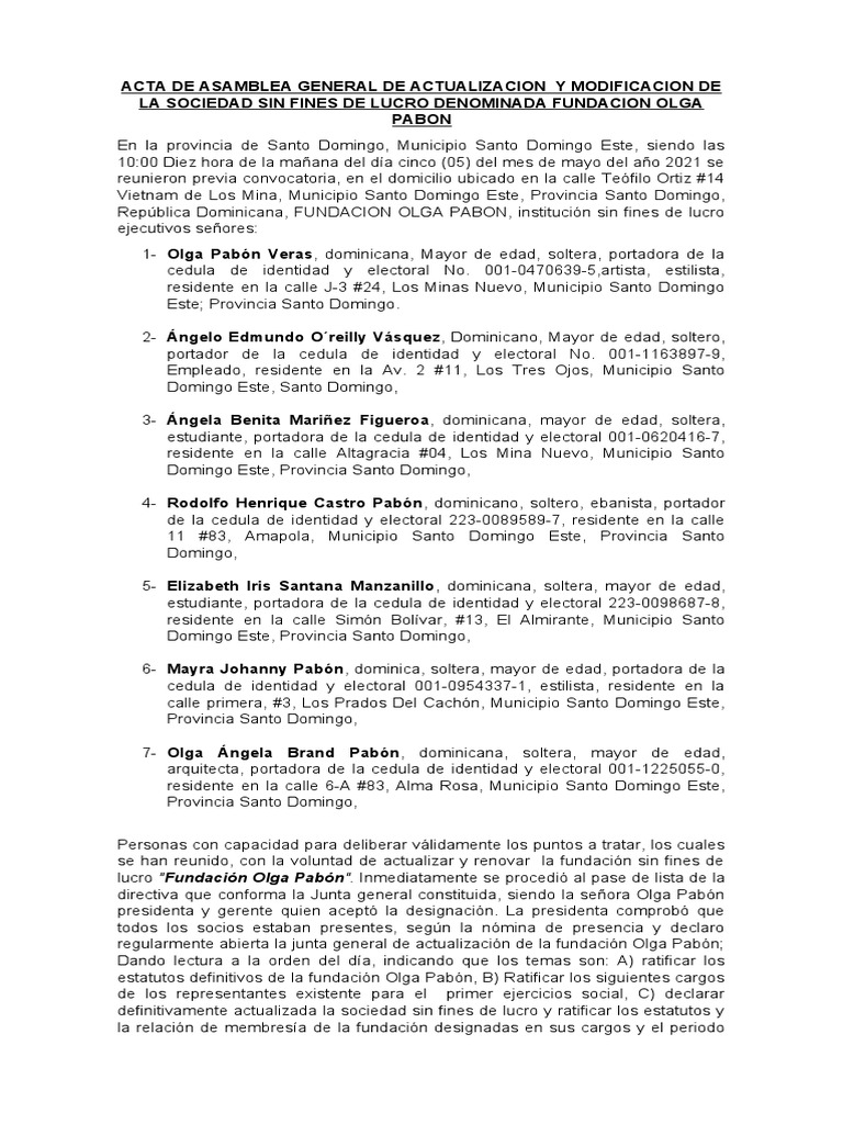 Acta de Asamblea General de Actualizacion y Modificacion de La Sociedad Sin Fines de Lucro ...