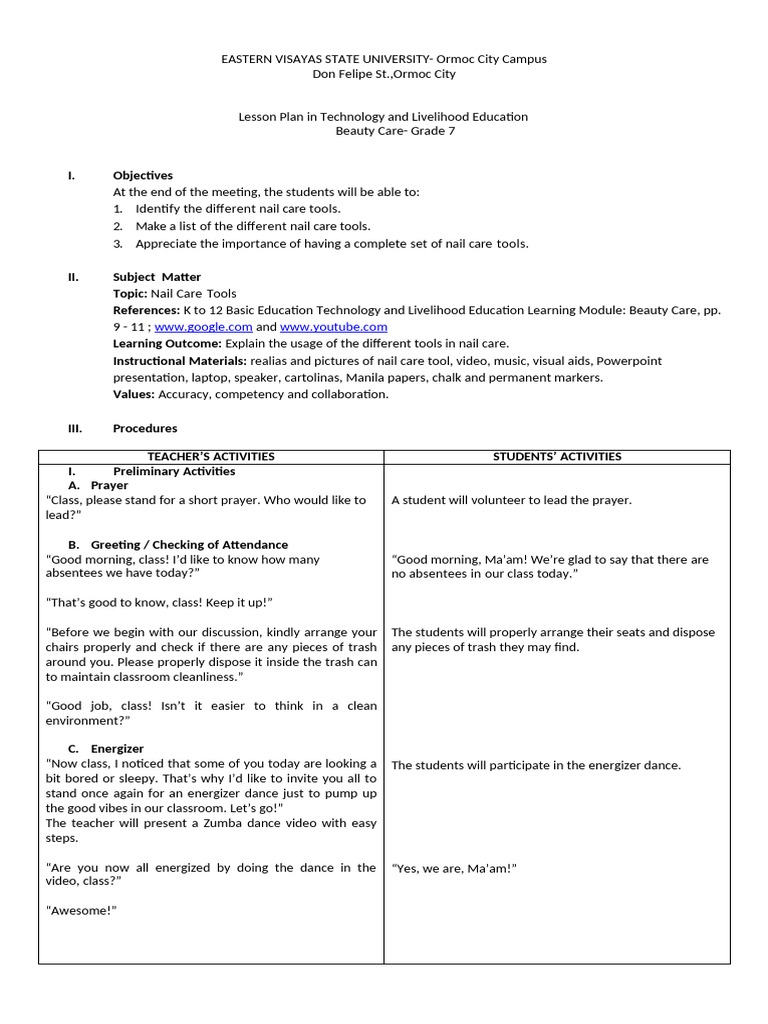 Lesson Plan (NAIL CARE) | PDF | Nail (Anatomy) | Lesson Plan