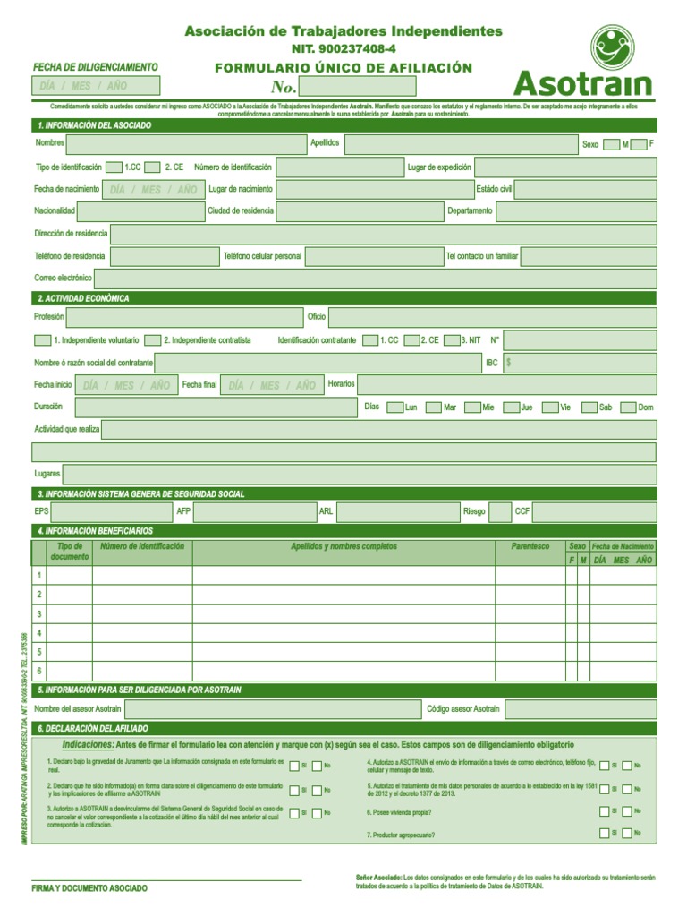 Formulario Afiliacion Asotrain | PDF | Business