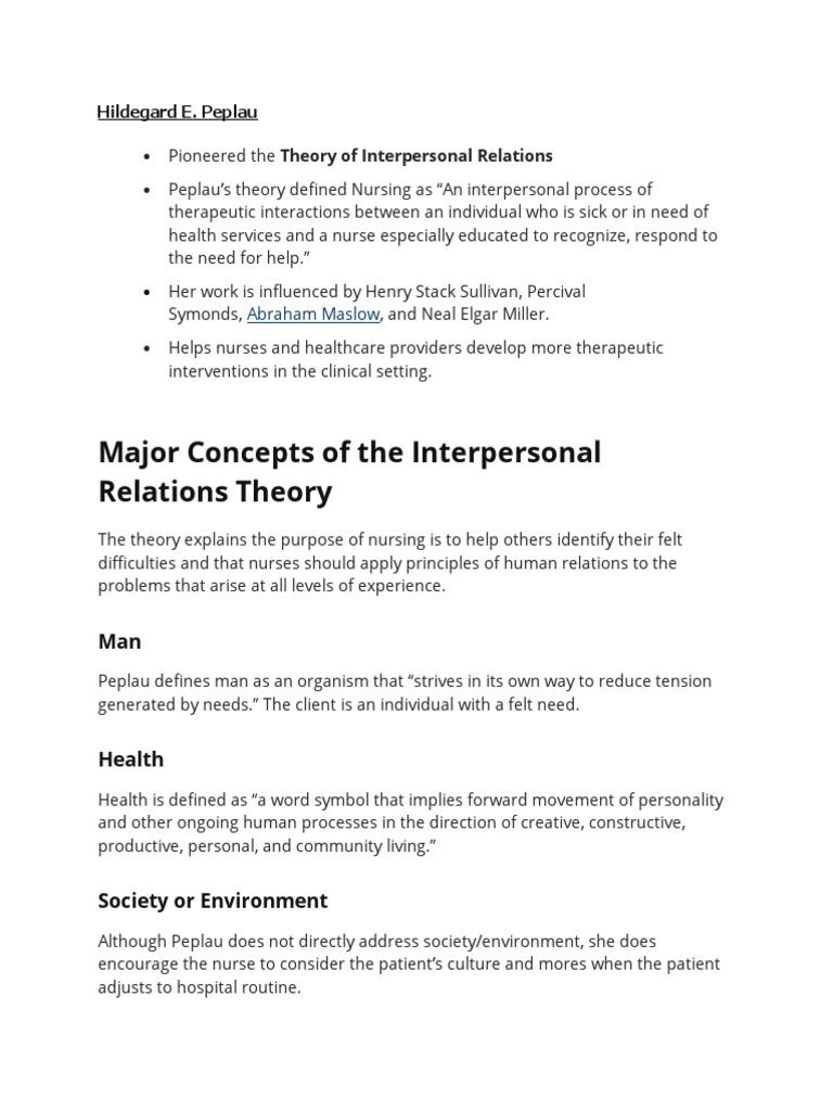 Major Concepts of The Interpersonal Relations Theory: Hildegard E ...