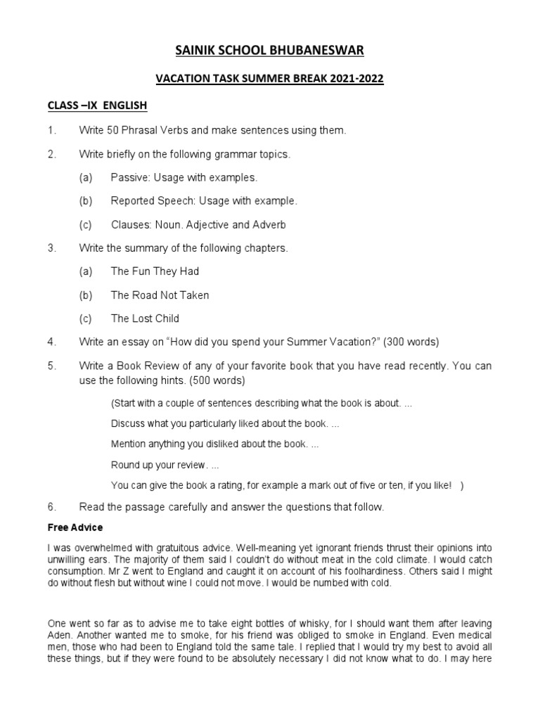 Summer Vacation Homework Assignments Covering a Variety of Subjects for ...