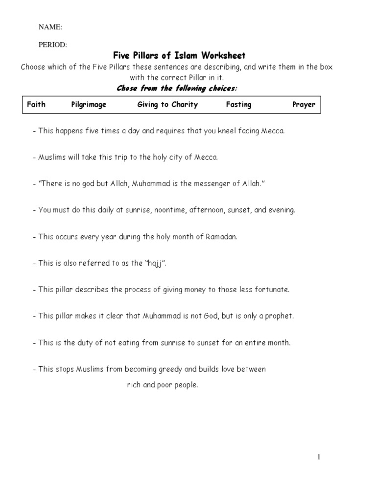 Five Pillars of Islam Worksheet | PDF