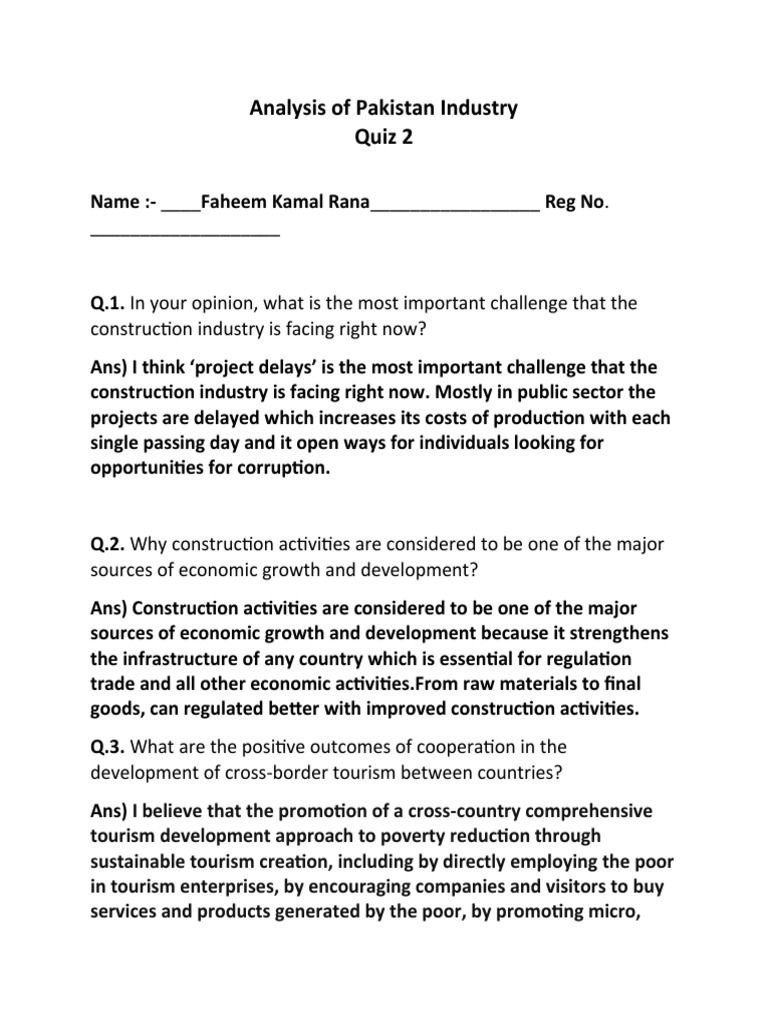 Analysis of Pakistan Industry Quiz 2 | PDF | Tourism | Pakistan