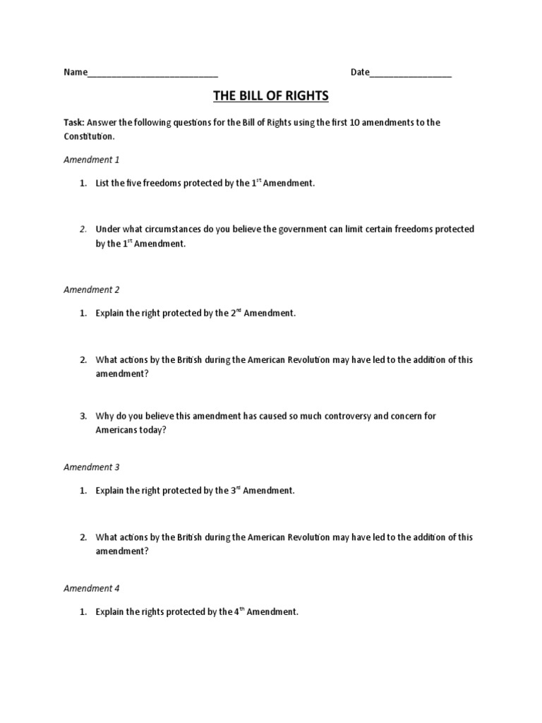 The Bill of Rights: Task: Answer The Following Questions For The Bill ...
