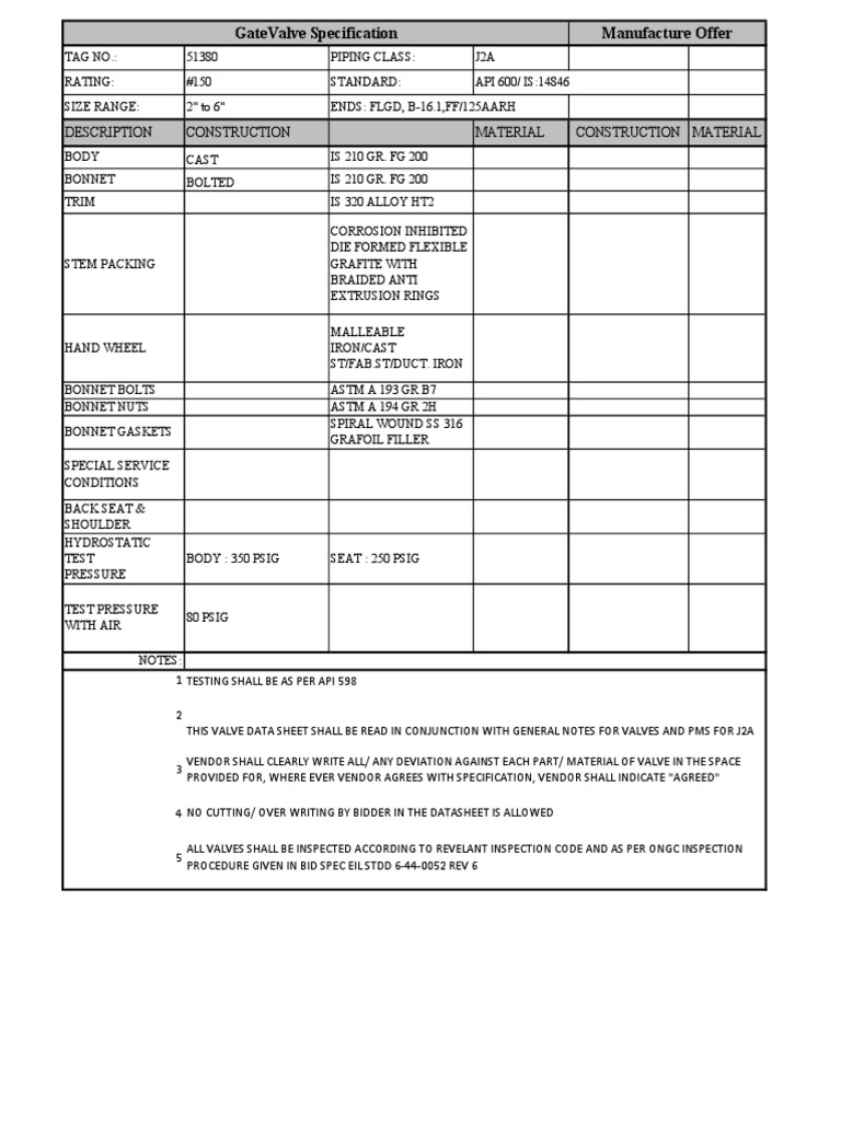 J2a - Gate Valve Specification - 51380 | PDF