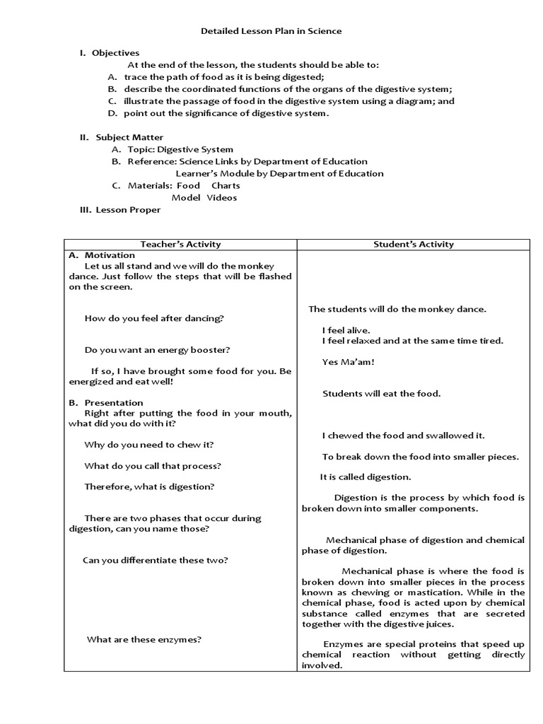Detailed Lesson Plan in Science | PDF | Gastrointestinal Tract | Digestion
