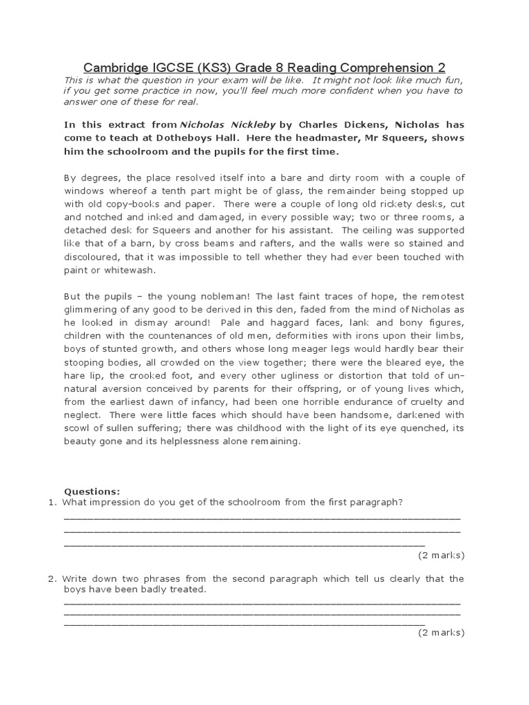 Cambridge IGCSE (KS3) Grade 8 Reading Comprehension 2 | PDF | Nicholas ...