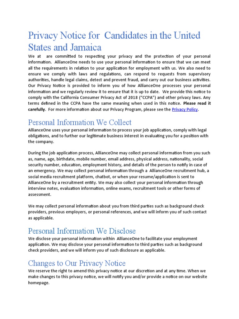 Privacy Notice For Candidates in The United States and Jamaica | PDF ...
