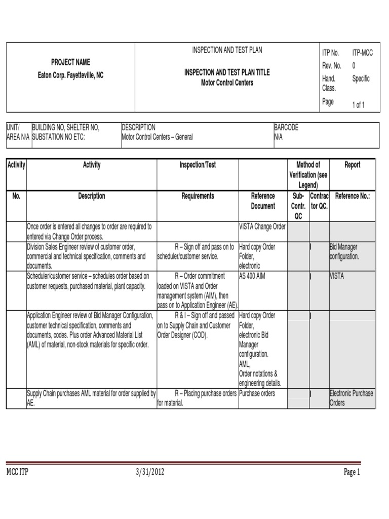 ITP Inspection Test Plan For MCC | PDF | Metal Fabrication | Welding