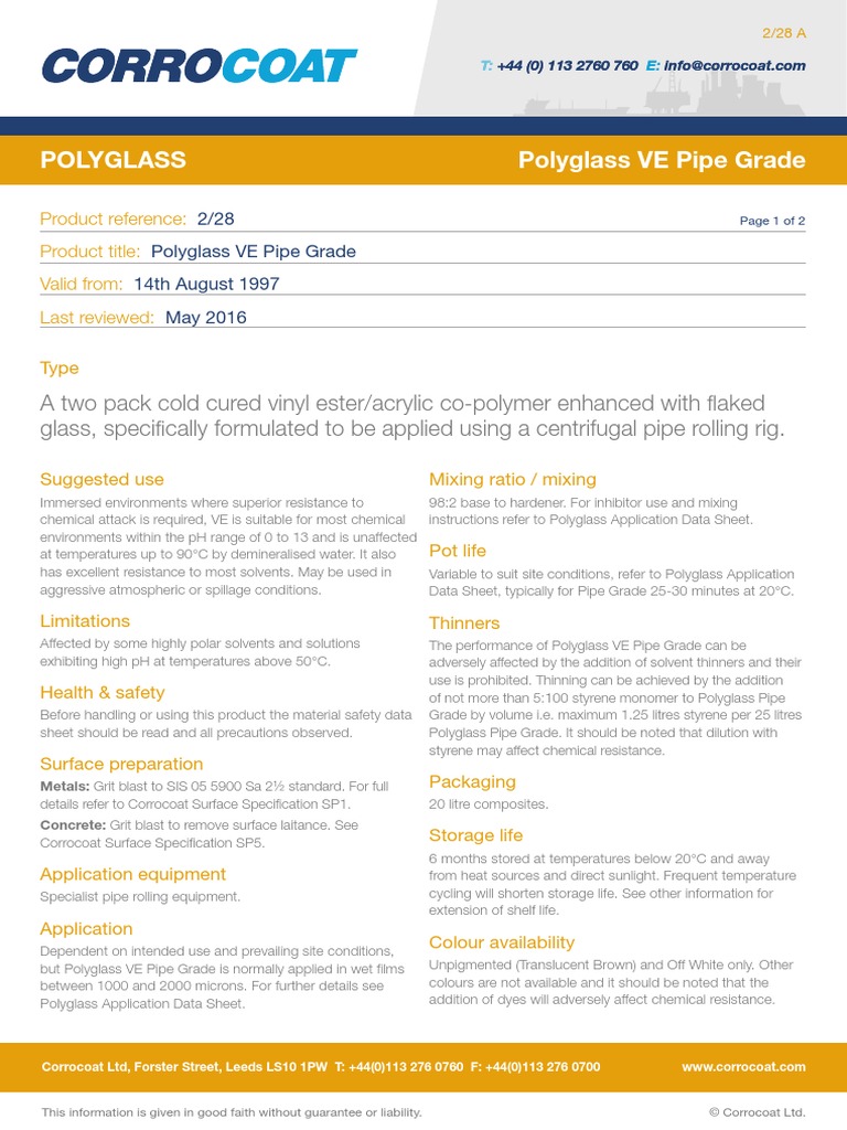 Corrocoat - Polyglass VE Pipe Grade - 2016 | PDF | Solid | Epoxy