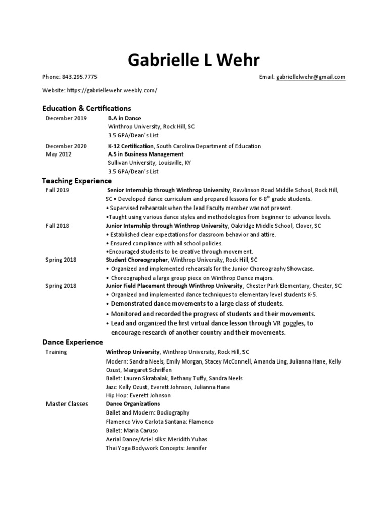 Gabrielle Wehr Resume | PDF | Performing Arts | Dances