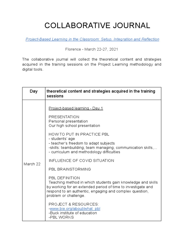 Collaborative Journal: Project-Based Learning in The Classroom: Setup ...
