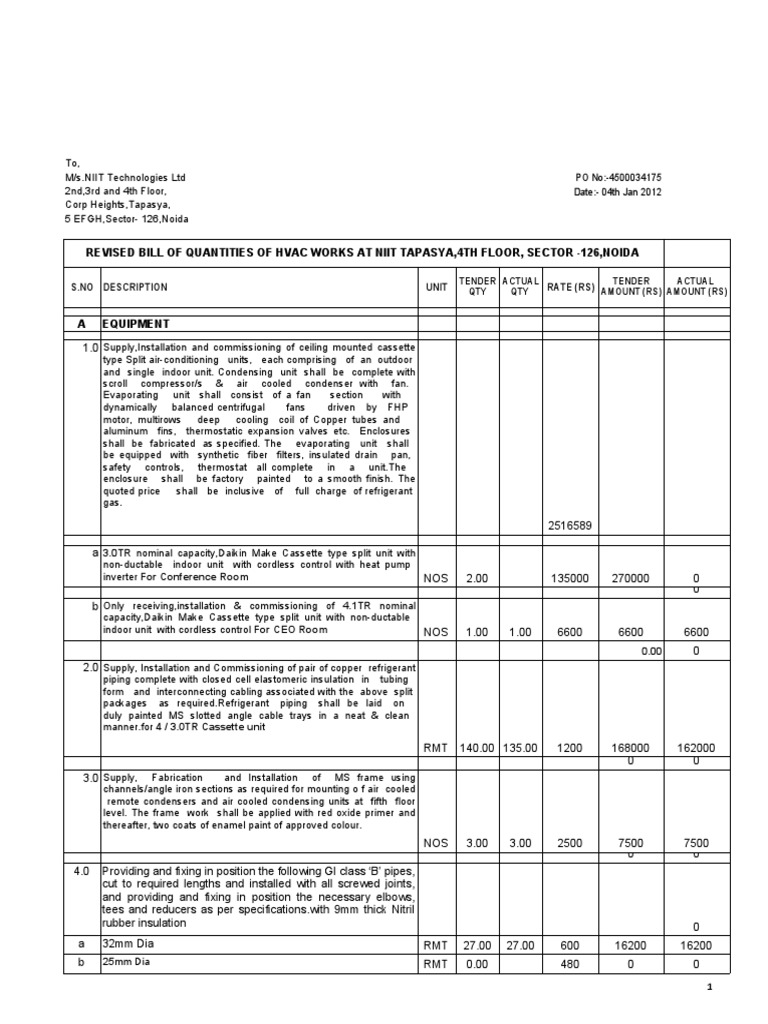 Revised Bill of Quantities of Hvac Works at Niit Tapasya, 4Th Floor ...