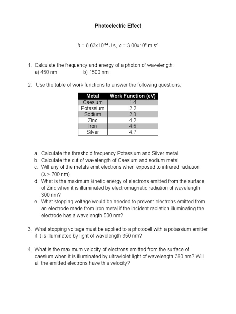 Photoelectric Effect Calculations and Problems | PDF