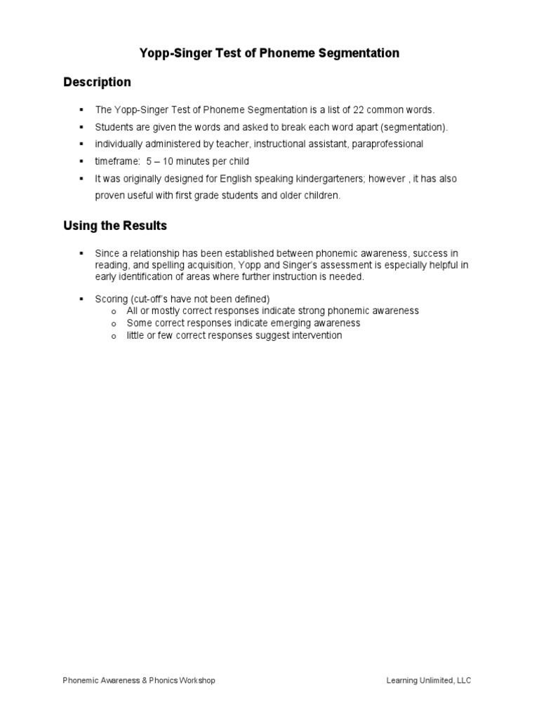 Yopp-Singer Test of Phoneme Segmentation Description | PDF ...