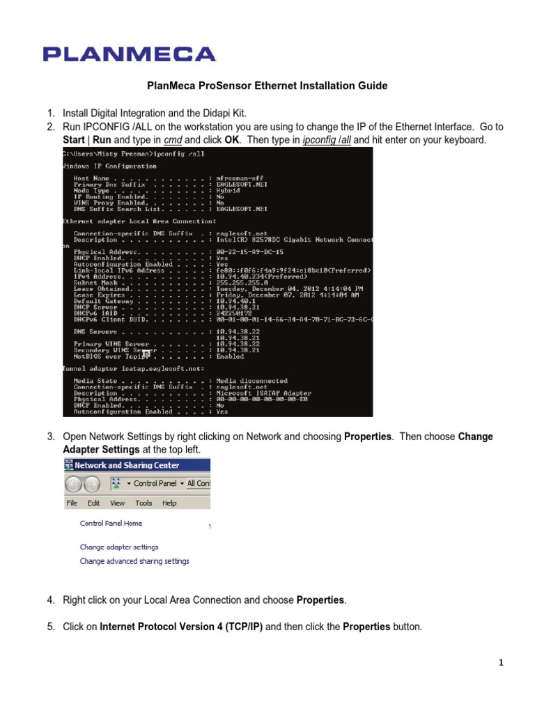 Planmeca Prosensor Ethernet Installation Guide | PDF | Ip Address | Networking Standards