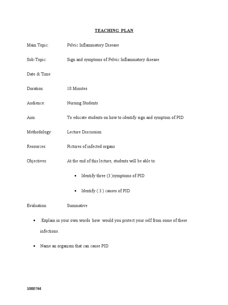 Teaching Plan For Pid | PDF | Medical Specialties | Diseases And Disorders