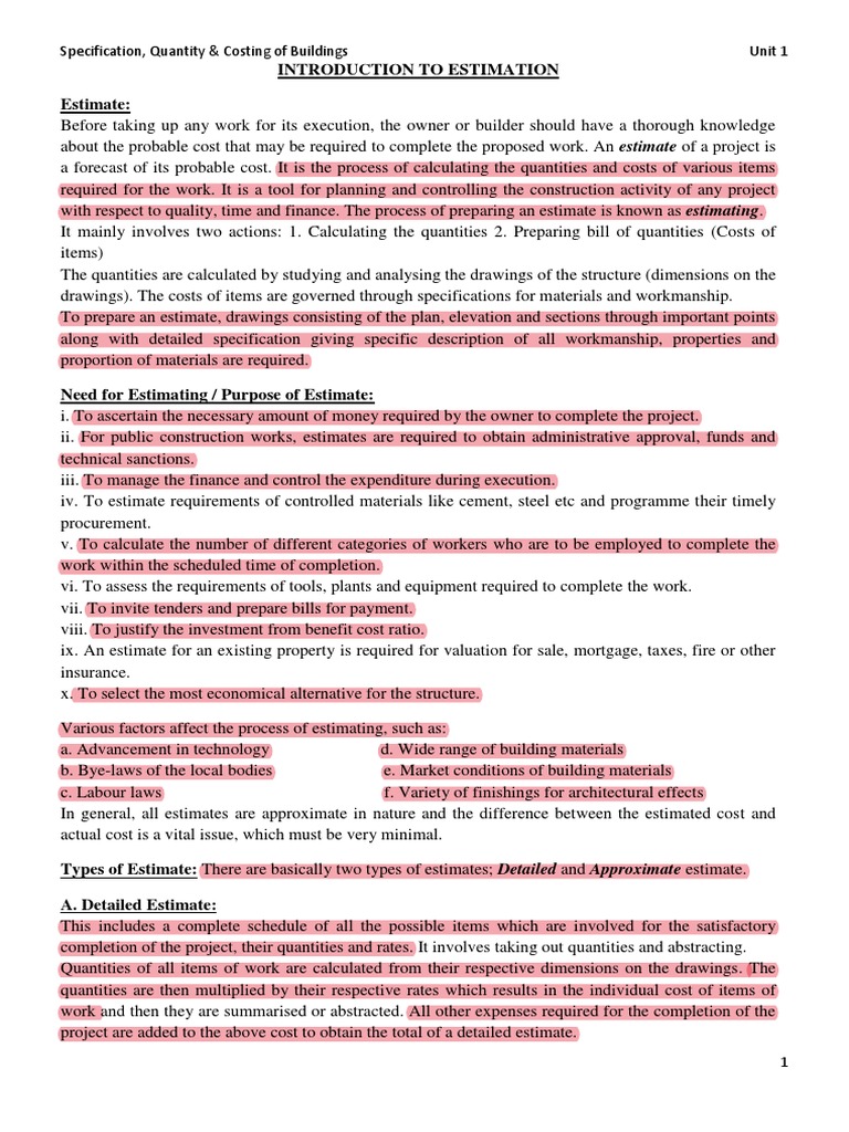 Unit 1 Introduction To Estimation | PDF | Specification (Technical Standard) | Cost