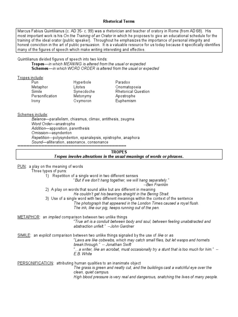 Rhetorical Terms: Tropes Involve Alterations in The Usual Meanings of ...