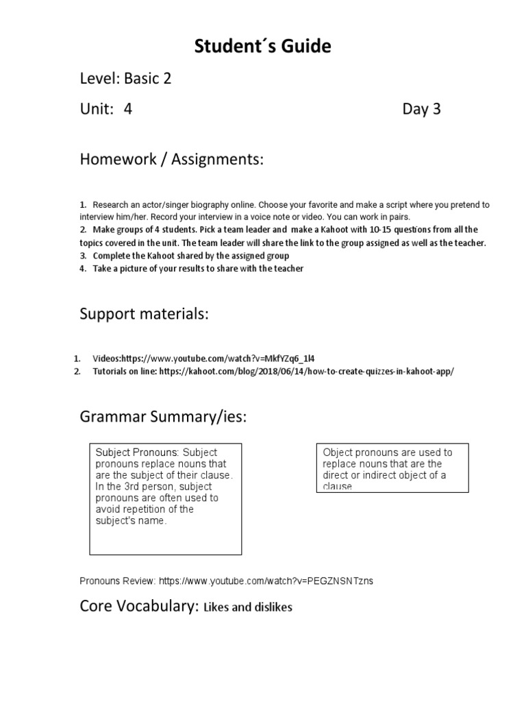 Student S Guide: Level: Basic 2 Unit: 4 Day 3 Homework / Assignments | PDF