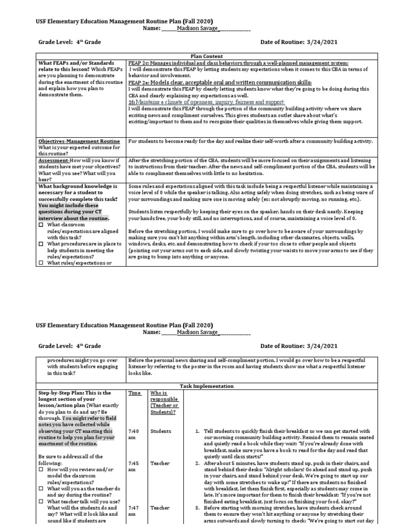 Usf l1 Management Routine Plan - CT Madison Savage | PDF | Classroom | Human Nature