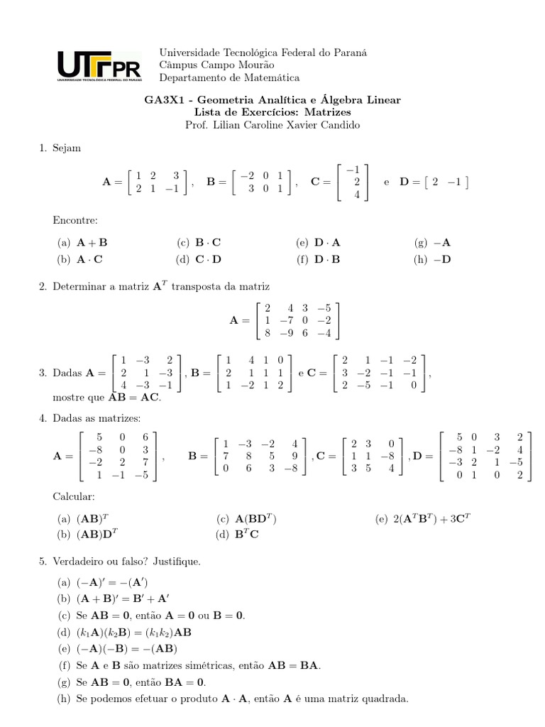 Lista Matrizes | PDF | Matriz (Matemática) | Teoria da Matrix