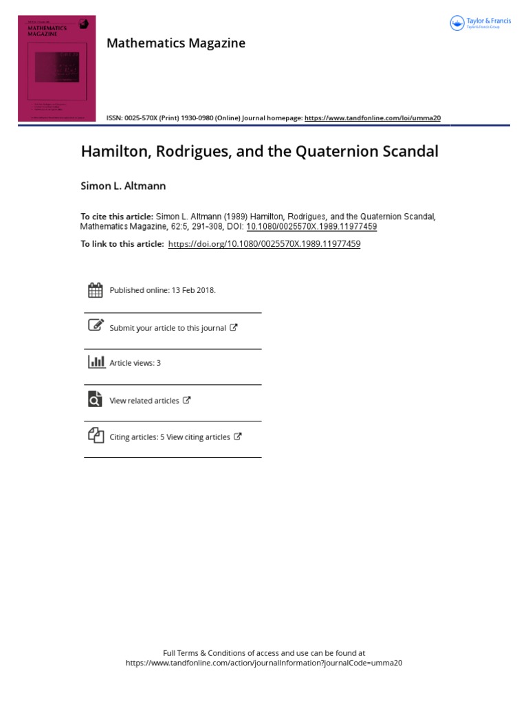 Hamilton, Rodrigues, and The Quaternion Scandal: Mathematics Magazine ...