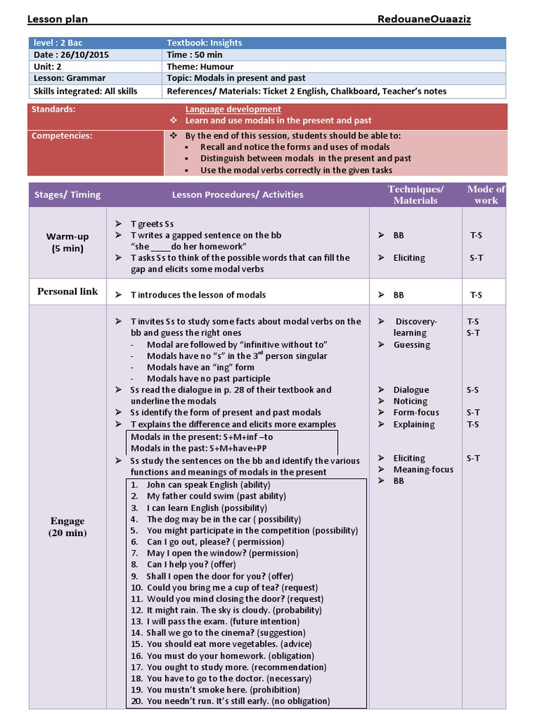 Modals Lesson Plan for 2 Bac | PDF | Verb | Language Mechanics