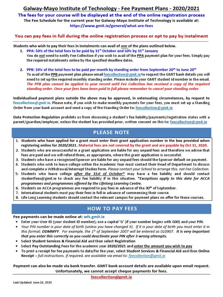 Fee Collection Information Leaflet Sept 2020 Payment Plans 2020 2021 ...