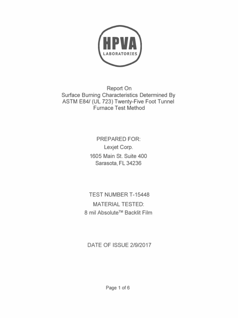 Report On Surface Burning Characteristics Determined by ASTM E84/ (UL ...