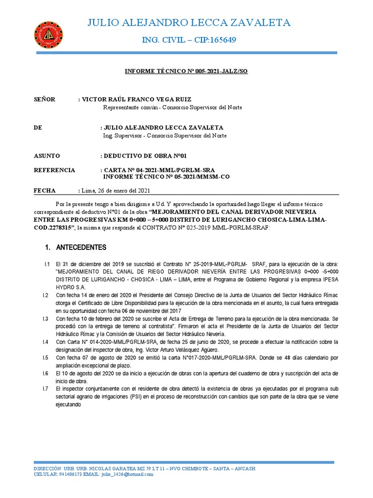 Informe Técnico 005-2021 - Deductivo de Obra N°01 | PDF | Topografía | Hormigón