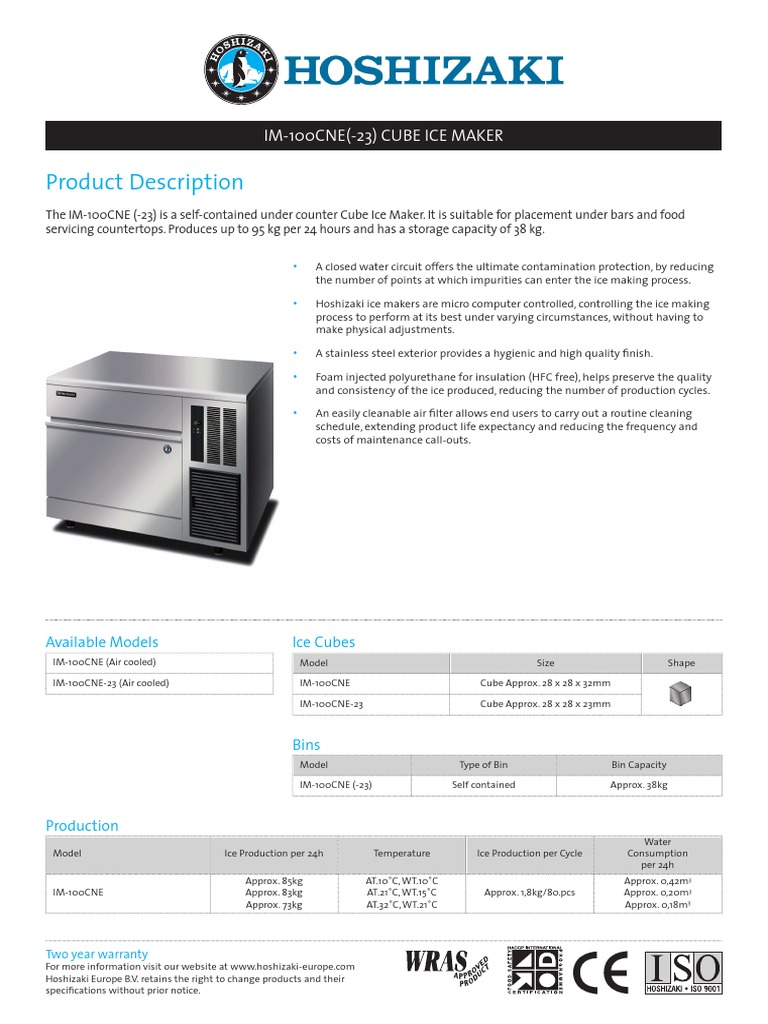 Hoshizaki - IM-100CNE | PDF | Ice | Home Appliance