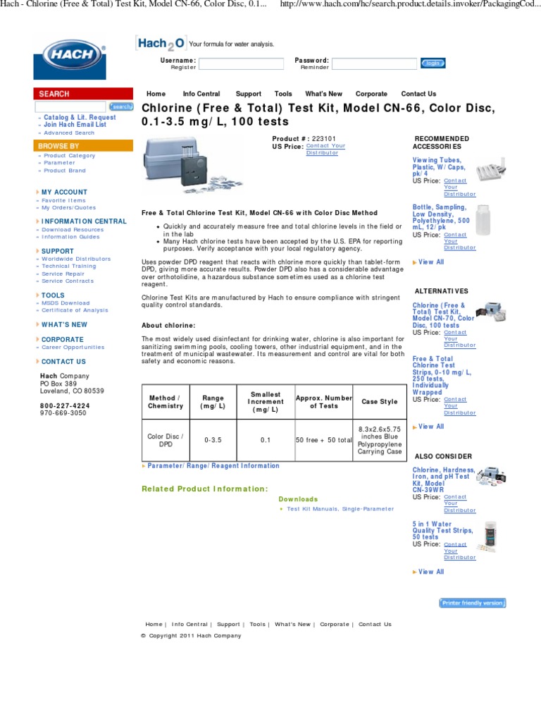 Hach - Chlorine (Free - Total) Test Kit, Model CN-66, Color Disc, 0.1-3 ...